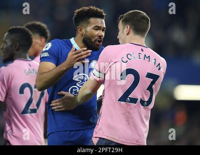 Chelsea's Reece James (left) and Everton's Carlos Alcaraz battle for ...