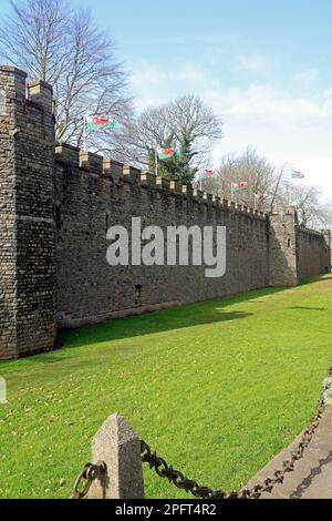 Cardiff Castle outer walls with Welsh and Union flag flying. March 2023 ...