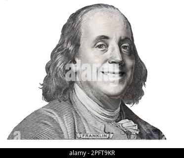 Benjamin Franklin smiling on 100 dollar banknote for design purpose ...