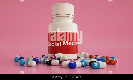 3D rendering of various popular social media logos as drug pills ...