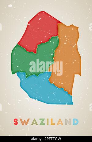 Swaziland map. Country poster with regions. Old grunge texture. Shape ...