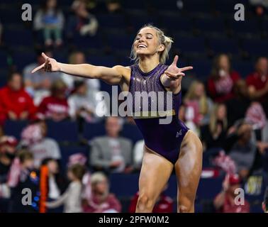 March 18, 2023: LSU's Olivia Dunne practices her bar routine during the ...
