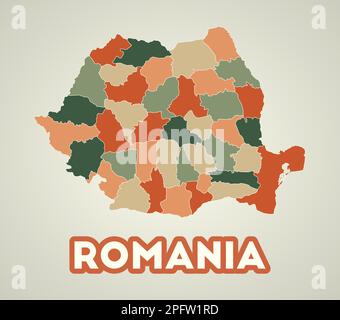Romania map. Poster with map of the country in retro color palette ...