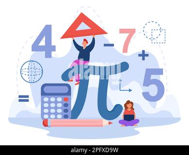 Tiny students with huge sign pi flat vector illustration. Boy and girl ...