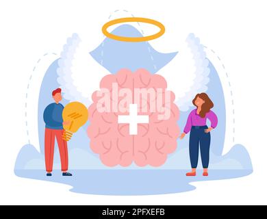 People next to brain with angel wings flat vector illustration. Tiny ...