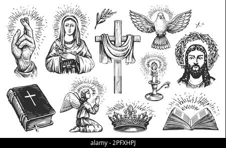 Faith in God concept, sketch. Hand drawn collection of religious ...