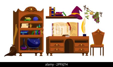 Furniture for wizard school interior vector illustrations set. Library ...