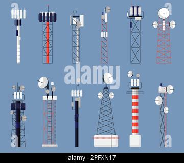 Vector illustrations of a signal tower, satellite, satellite dish, and radio tower Stock Vector ...