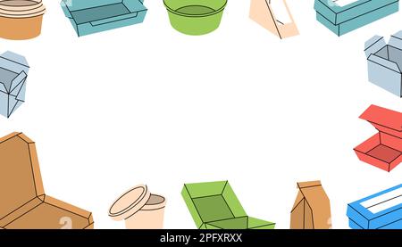 Takeaway cardboard boxes horizontal outline banner. Empty cardboard ...
