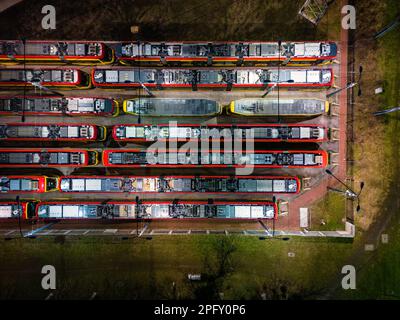 Night aerial view of tram depot Stock Photo - Alamy