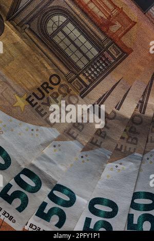 A vertical shot of Greek 50 Euro banknotes background Stock Photo - Alamy
