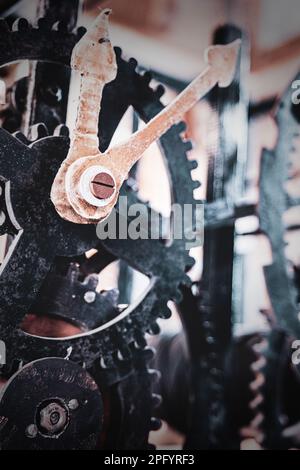 Historic church tower clock cogs at Combe Mill, Oxfordshire Stock Photo ...