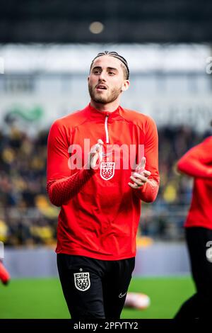 Farum, Denmark. 19th Mar, 2023. Hakon Evjen (11) of Broendby IF scores ...