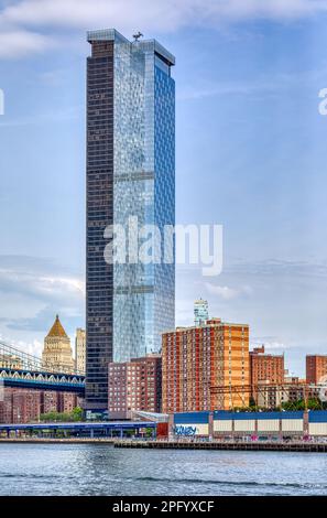 Glass curtain wall façade of One Manhattan Square apartment building ...