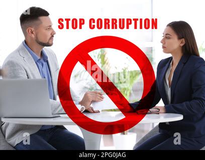 Stop corruption. Illustration of red prohibition sign and man giving ...