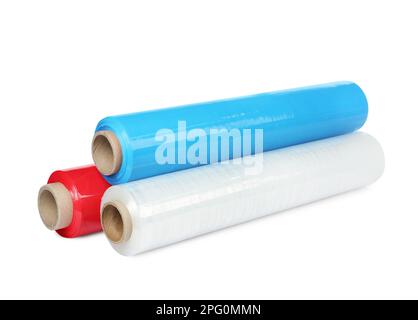 Different plastic stretch wrap films on white background Stock Photo ...