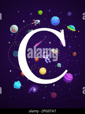 Kid space alphabet with rockets, UFO, kid astronaut and alien. English ...
