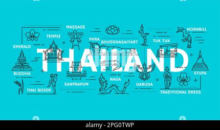 Thailand travel symbols and tourism landmarks sketch icons. Vector Thai ...