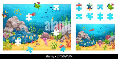 Jigsaw puzzle underwater landscape pieces. Cartoon sea dolphin and fish ...