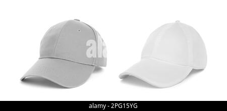 Different baseball caps on white background, collage. Mock up for ...