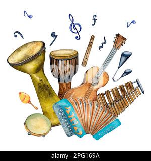 Composition of variouse percussion musical instruments watercolor ...