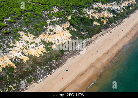 Aerial view of Fontanilla beach Sandy and cliffs, Mazagon, Costa de la ...