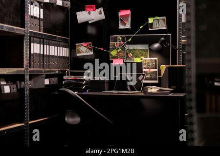 Private detective empty workplace with crime case evidences board ...