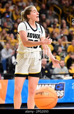 Iowa guard Kate Martin reacts after making a 3-point basket against ...