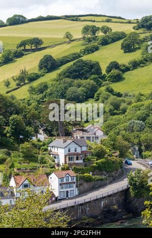 Aerial view of road leading to Combe Martin, Ilfracombe, North Devon ...