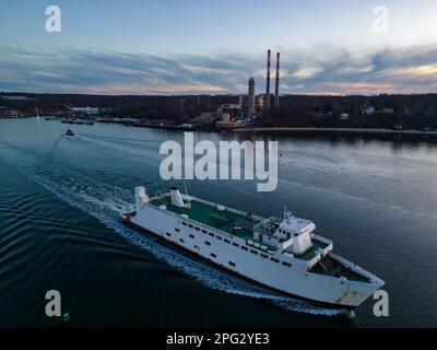 An aerial view of the Bridgeport and Port Jefferson ferry leaving for ...