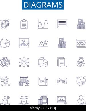 Diagrams schematics line icons collection. Blueprint, Flowchart, Graph, Drawing, Chart, Map ...