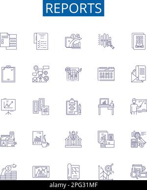 Reports line icons signs set. Design collection of Records, Surveys, Findings, Evaluations ...