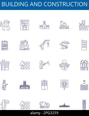 Masonry line vector icons and signs. bricklaying, tiling, pointing ...
