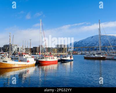 The harbour. Tromso or Tromsoe during winter in the northern part of ...
