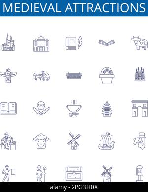 Medieval attractions line icons signs set. Design collection of Castles ...