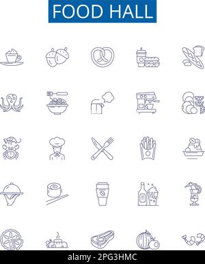 Food hall line icons, signs set. Cafeteria, Delicatessen, Restaurant ...
