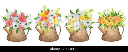 Set of watercolor garden watering cans in different colors. Blank items ...