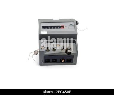 Damaged electricity meter. Melted terminal. Close-up. Isolated on white ...