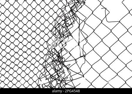 The texture of the metal mesh. Torn, destroyed, broken metal mesh on a ...