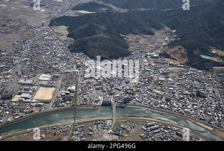 An aerial photo shows Anan city in Tokushima Prefecture where it is ...