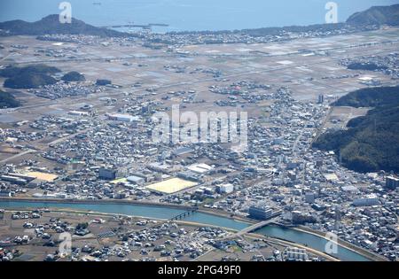 An aerial photo shows Anan city in Tokushima Prefecture where it is ...