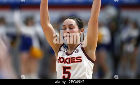Virginia Tech's Georgia Amoore celebrates with fans after the team's ...