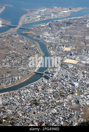 An aerial photo shows Anan city in Tokushima Prefecture where it is ...
