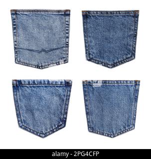Set with denim pockets on white background background Stock Photo - Alamy