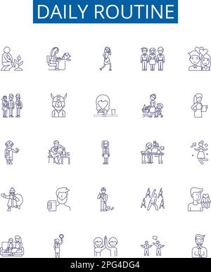 Daily routine line icons signs set. Design collection of Wake, Eat, Work, Study, Exercise, Play ...