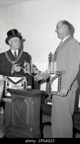 1940s, historical, freemasons ceremony, two men, one the worshipful ...