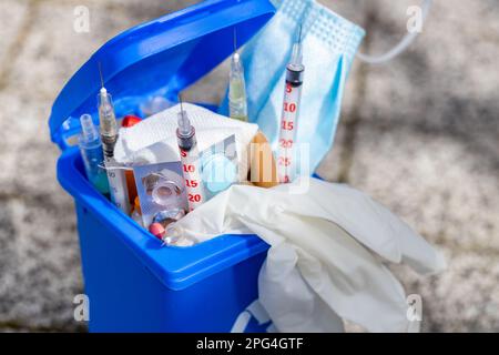 Medical waste concept, Open garbage full of pills, syringes, bandages ...