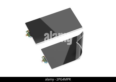 Blank black flexible rectangular display flat and folded mockup ...