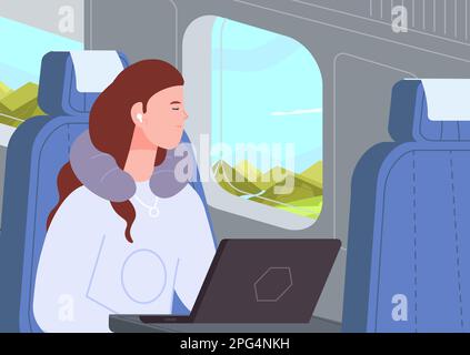 Female passenger sleeping on plane flight. Plane business class cartoon ...