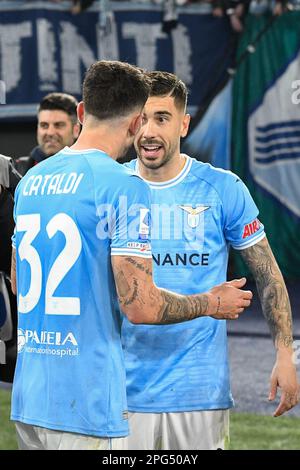 Mattia Zaccagni of S.S. Lazio and Danilo Veiga of U.S. Lecce are in ...